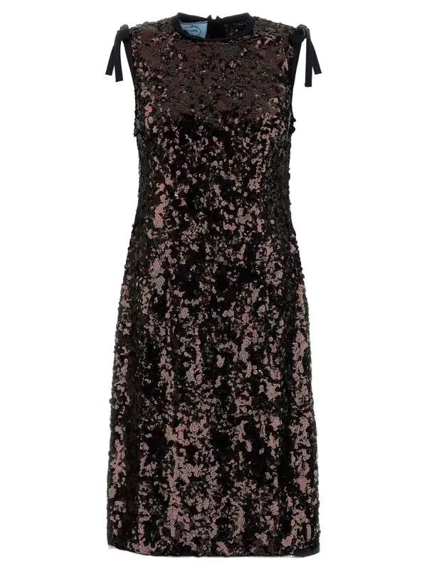 Prada Sequined Sleeveless Dress With Bow Detail - Brown