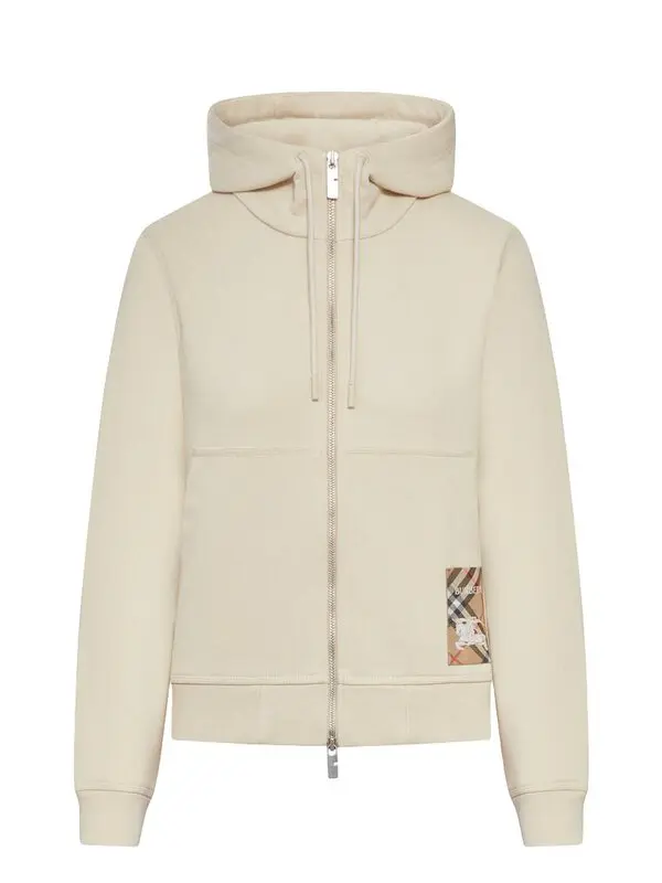 Burberry Zip-up Hoodie With Check Patch - Cream