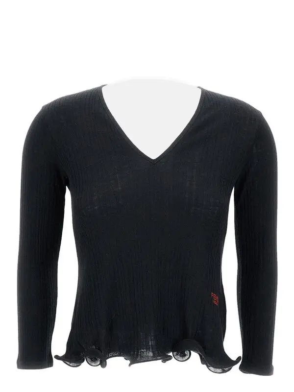 Fendi Rib Knit V-neck Long Sleeve Top With Scalloped Hem - Multicolor