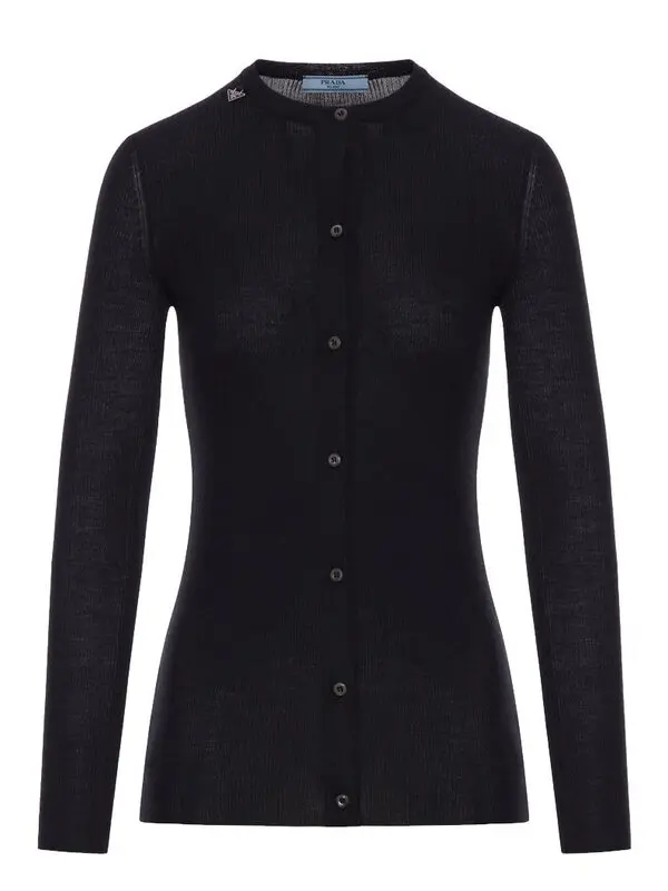 Prada Ribbed Wool Crew Neck Cardigan With Logo Detail - Black