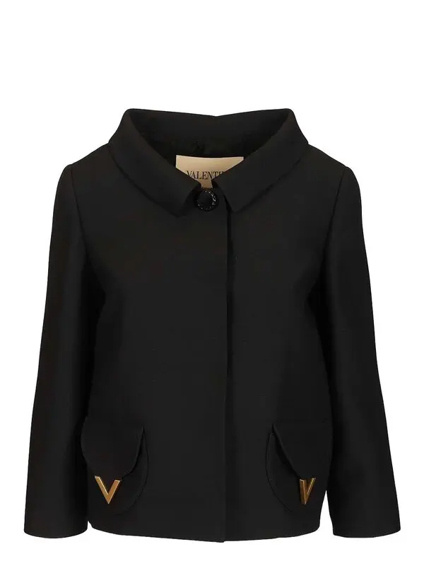 Valentino Garavani Wool Silk Crepe Jacket With V Embellishment - Black