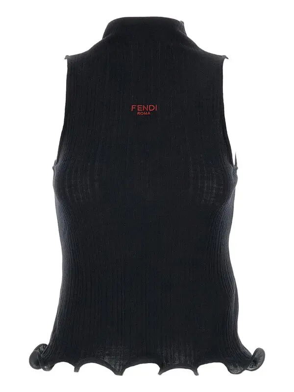 Fendi Sleeveless High Neck Ribbed Top With Ruffle Hem - Multicolor