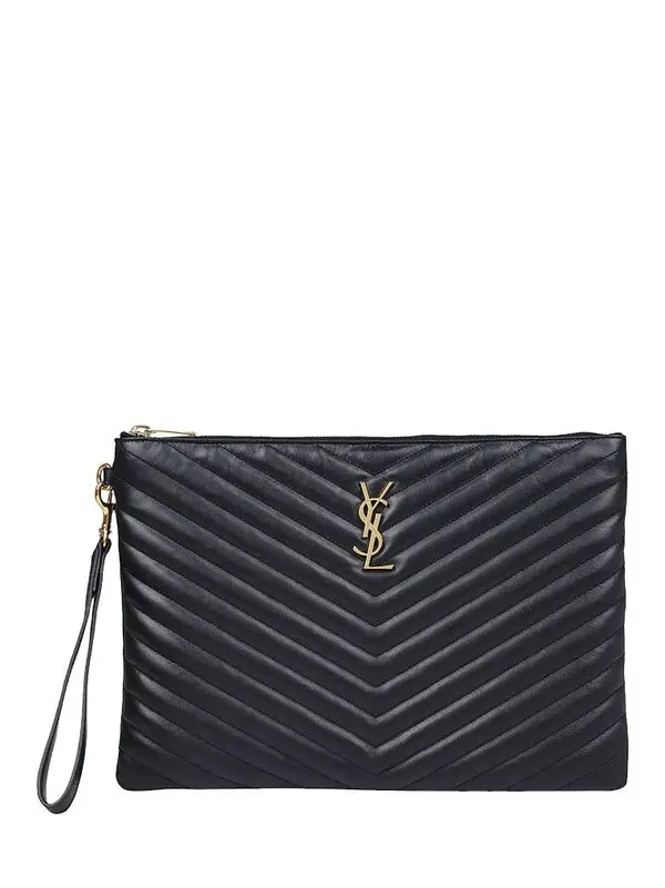 Saint Laurent Leather Quilted Logo Clutch - Black