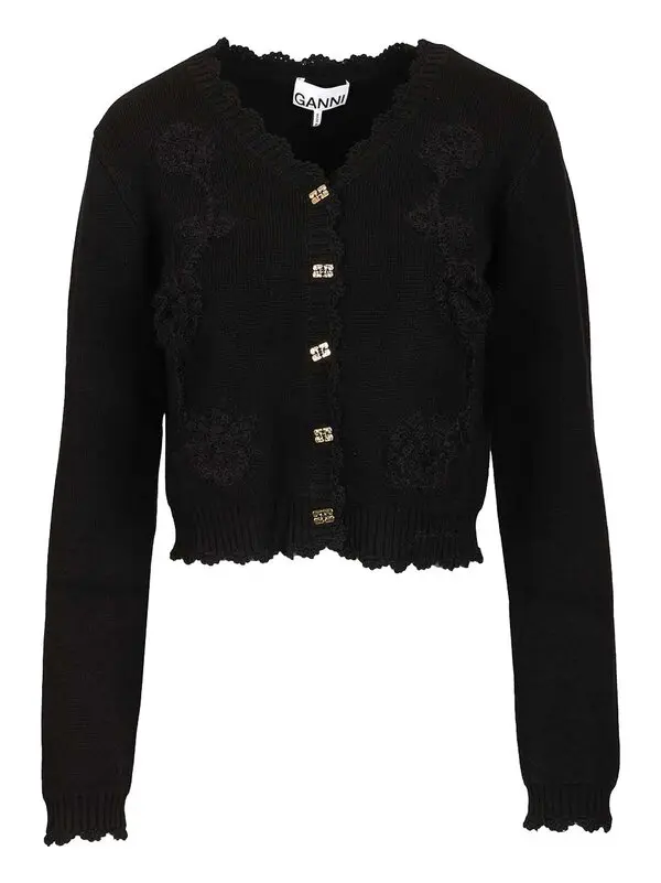 GANNI Cotton Cashmere Crochet Applique Cardigan - Black