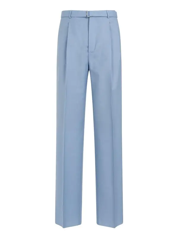LANVIN Wide Leg Virgin Wool Trousers With Buckled Belt - Blue