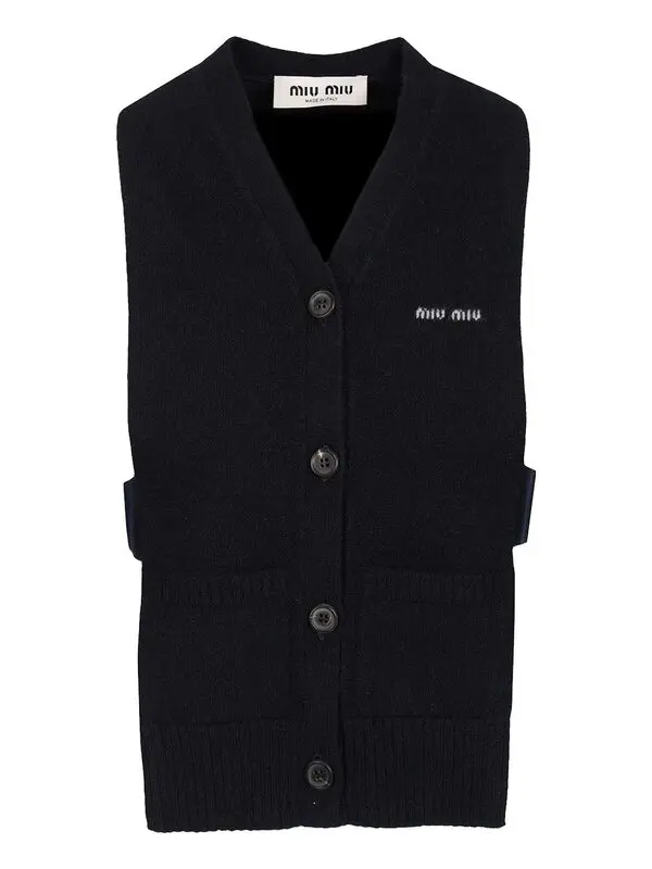 Miu Miu Sleeveless V-neck Cashmere Cardigan Vest With Logo Inlay - Blue