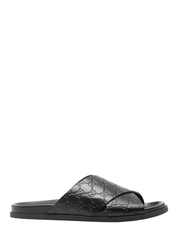 Gucci Interlocking G Embossed Leather Criss-cross Strap Flat Sandals - Black