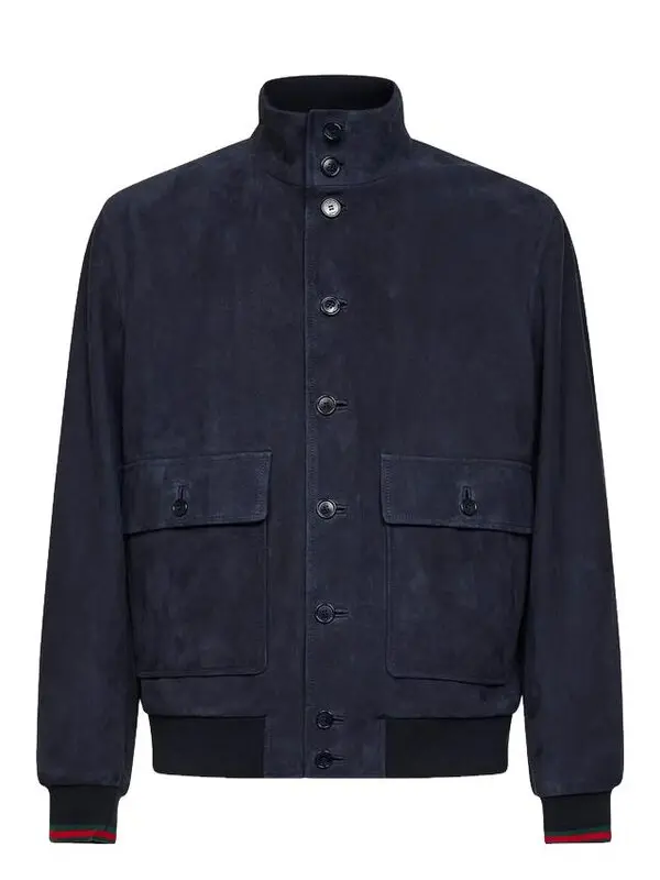 Gucci Navy Calf Suede Button-up Jacket - Blue