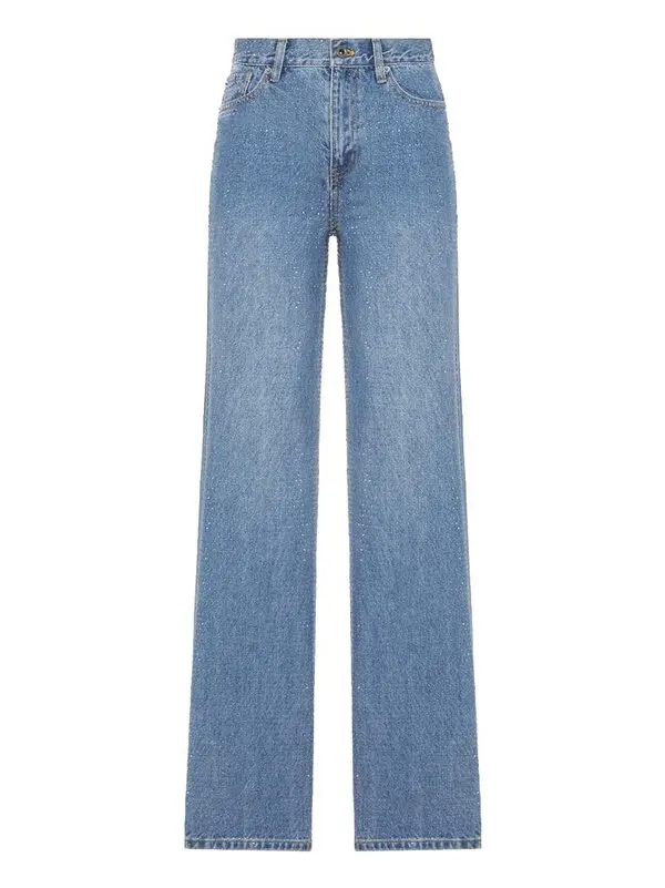 SELF-PORTRAIT Straight Leg Denim Jeans With Rhinestone Embellishment - Blue