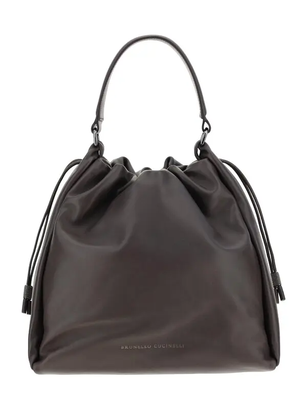 Brunello Cucinelli Leather Shoulder Bag With Drawstring Closure - Brown