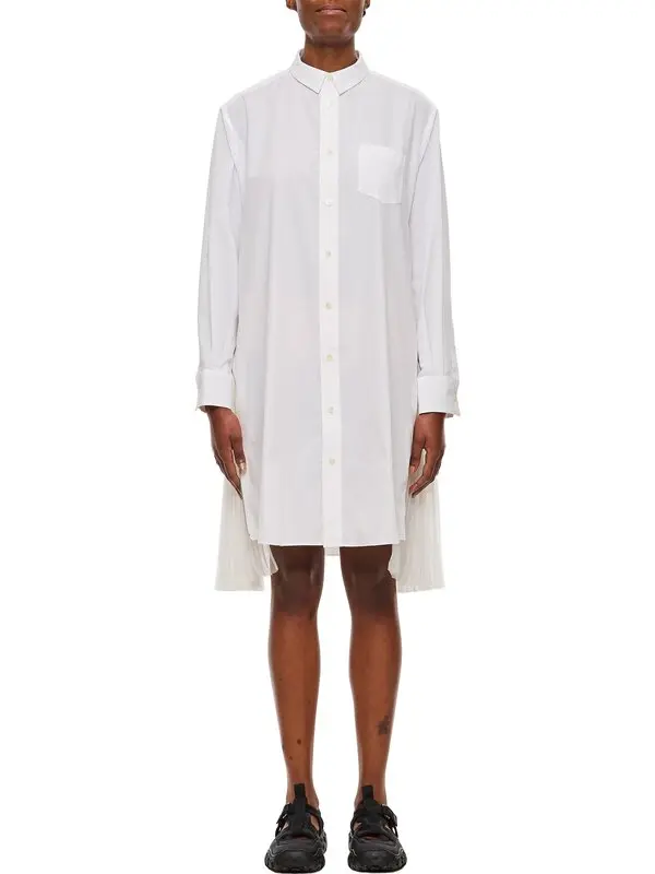 Sacai White Cotton Poplin Dress With Pleated Asymmetric Hem - Multicolor