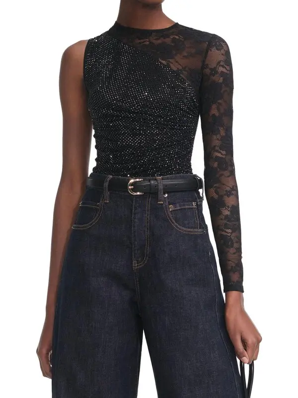 SELF-PORTRAIT Asymmetrical Rhinestone And Lace Top - Multicolor