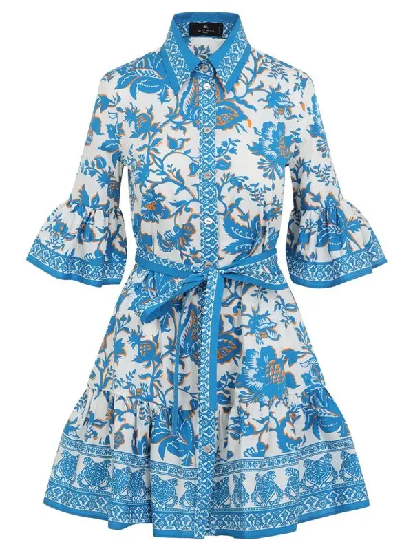 Etro Printed Cotton Mini Dress With Self-tie Belt - Blue