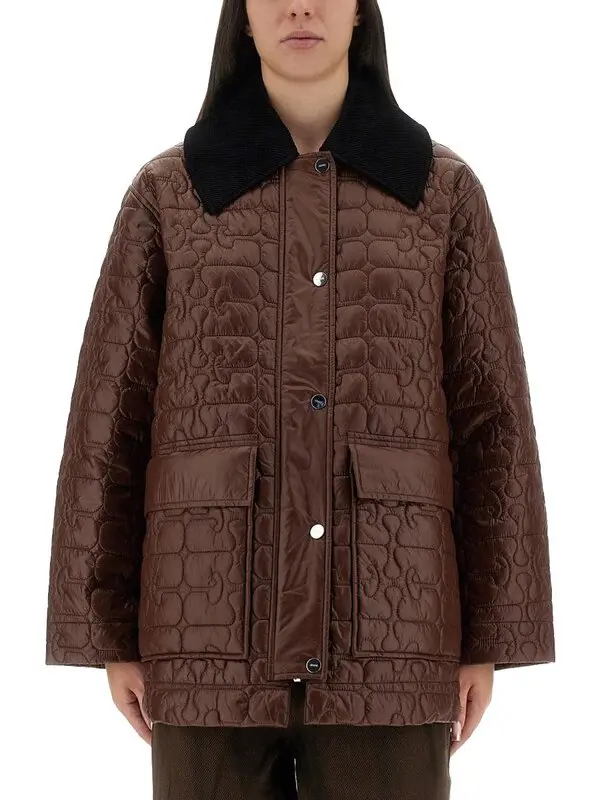 GANNI Quilted Midi Jacket With Textured Collar - Brown
