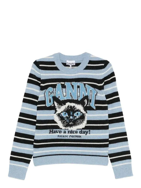 GANNI Striped Wool Blend Sweater With Cat Graphic - Blue
