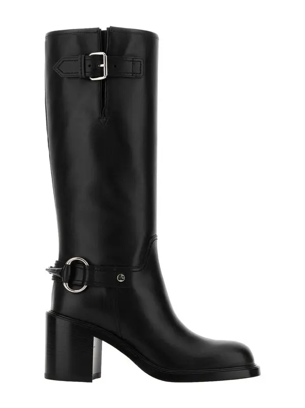 Gucci Leather Buckled Knee High Boots - Black
