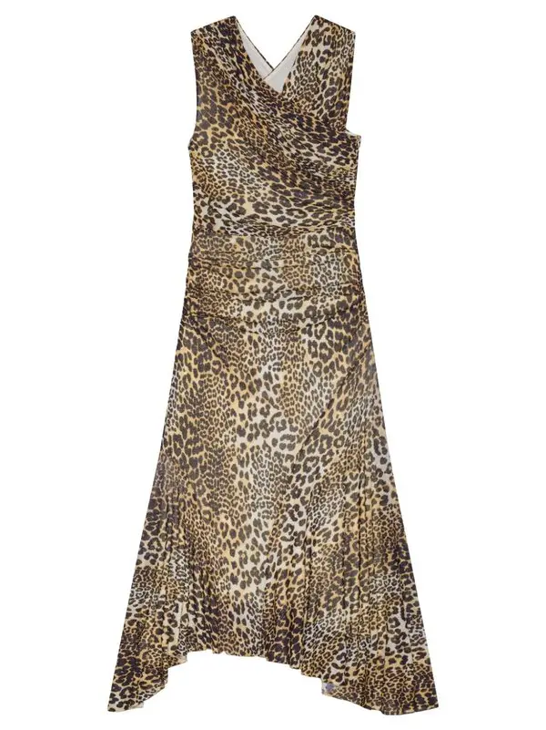 GANNI Leopard Print Sleeveless V-neck Asymmetric Hem Midi Dress - Multicolor