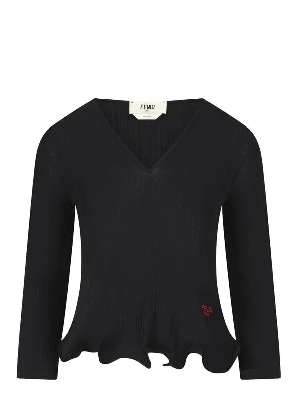 Fendi Ribbed V-neck Sweater With Scalloped Hem - Multicolor