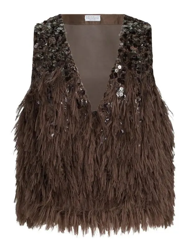 Brunello Cucinelli Sequin Embellished V-neck Sleeveless Vest - Brown