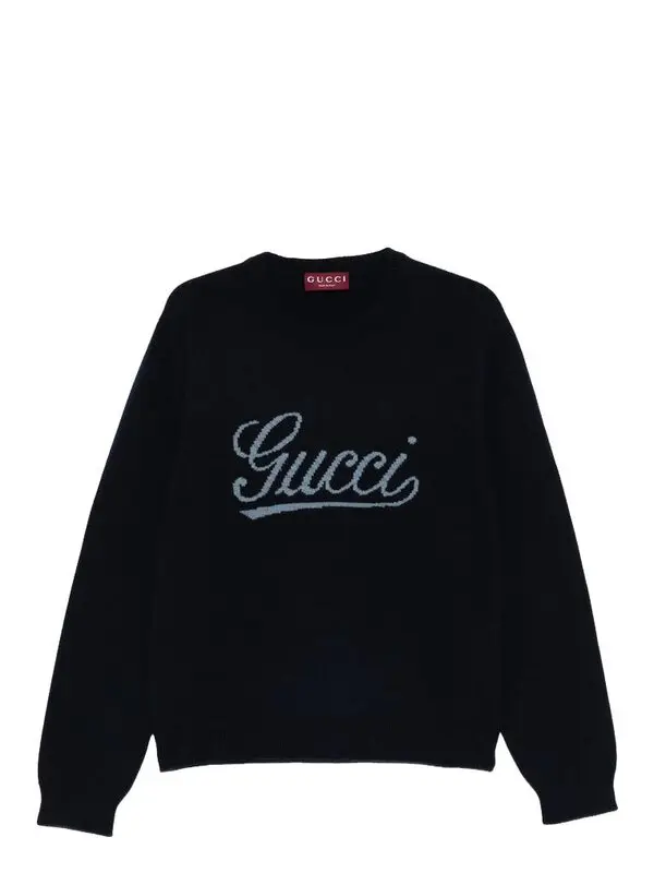 Gucci Navy Wool Logo Crew Neck Sweater - Blue
