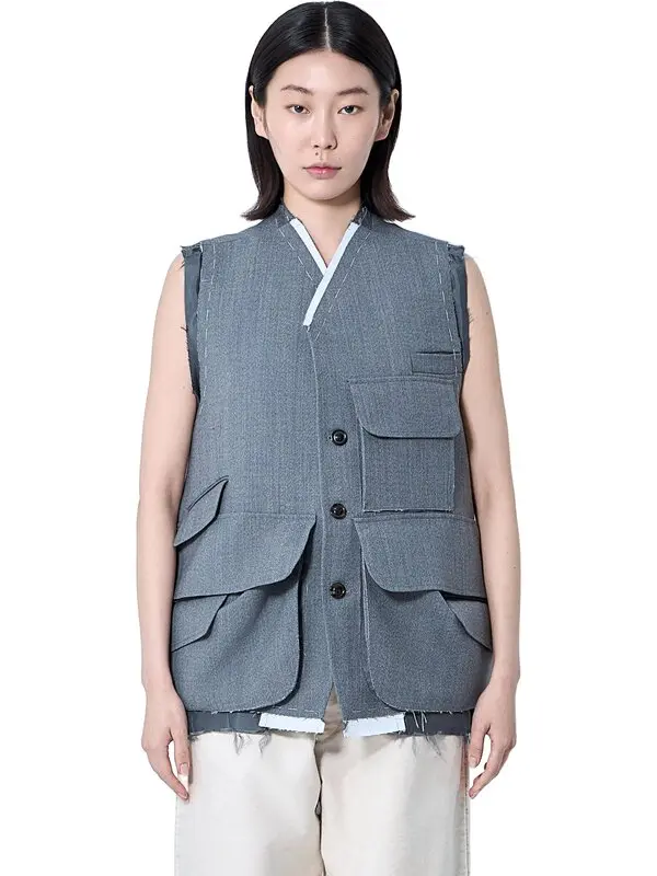 MAISON MARGIELA Distressed Wool Waistcoat With V-neck And Flap Pockets - Gray