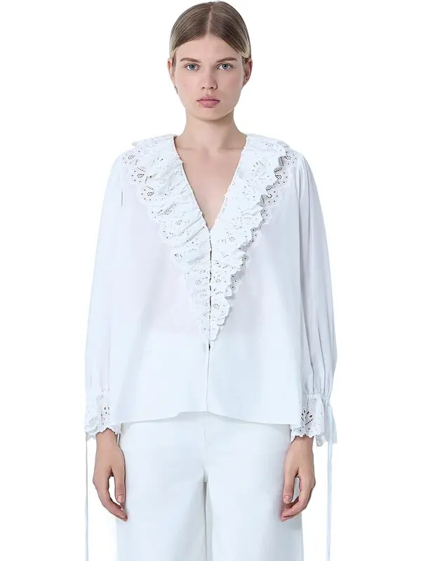 Chloé Cotton-blend V-neck Frill Trim Blouse - White