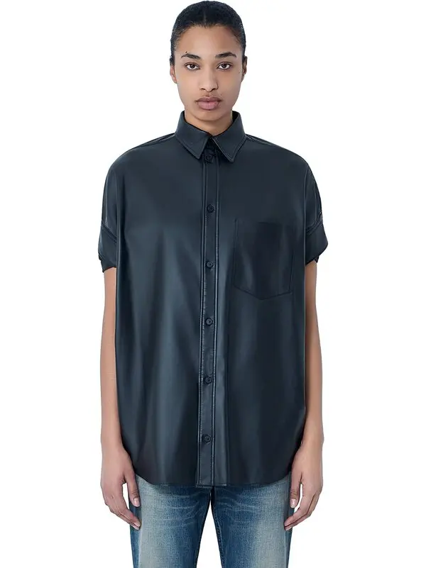 Balenciaga Leather Finish Button-down Shirt With Short Sleeves - Black