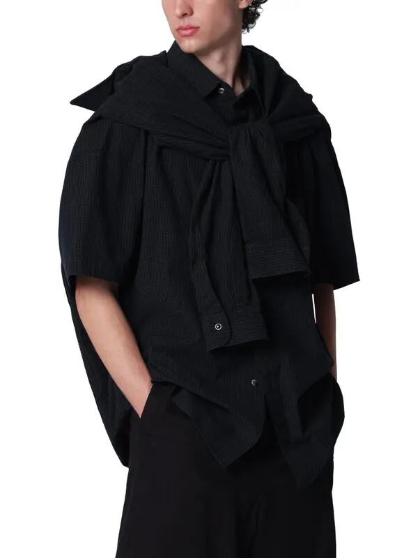 Mihara Yasuhiro Navy Checked Cotton Linen Blend Shirt With Double Sleeves - Blue
