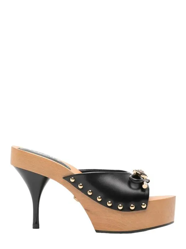Versace Leather Wooden Platform Stiletto Heel Mules - Black