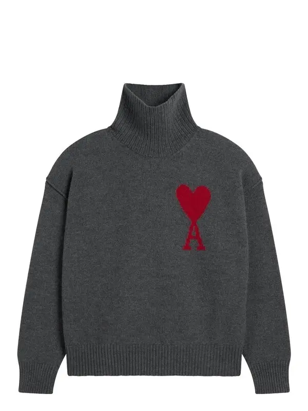 Ami Wool Turtleneck Sweater With De Coeur Logo - Gray