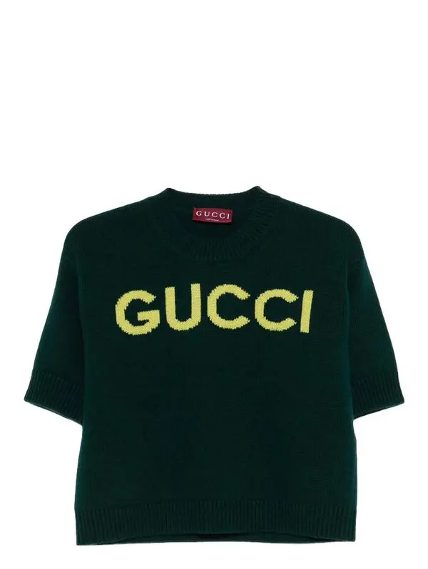Gucci Wool Knit Top With Yellow Lettering - Green