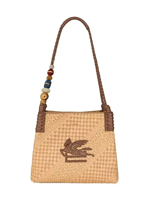 Etro Libra Small Raffia Shopping Bag With Embroidered Pegasus Logo - Brown