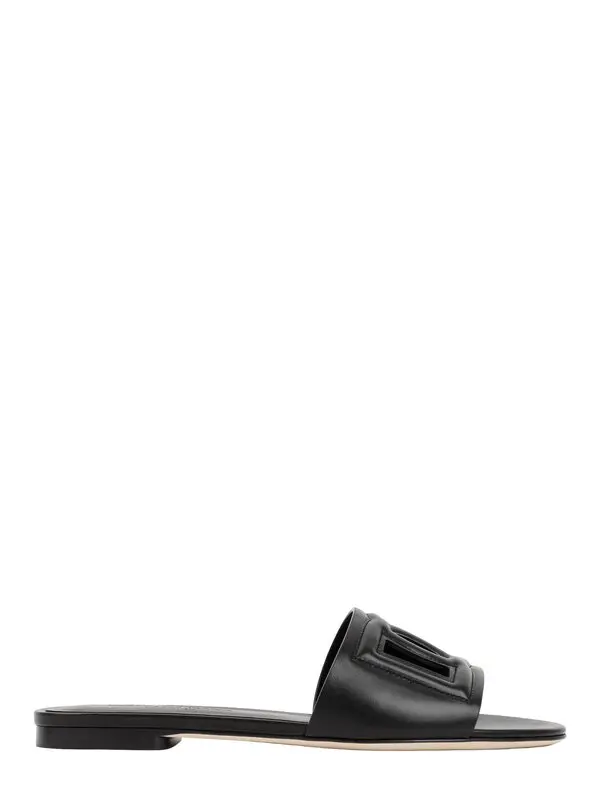Dolce & Gabbana Calf Leather Flat Slides Sandals With Dg Emblem - Black