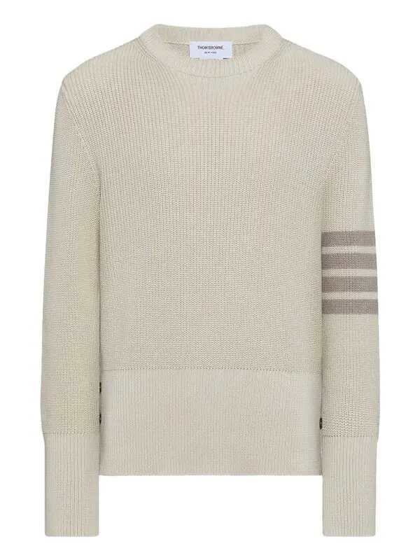 Thom Browne Cotton Crew Neck Jumper With Striped Detail - Cream
