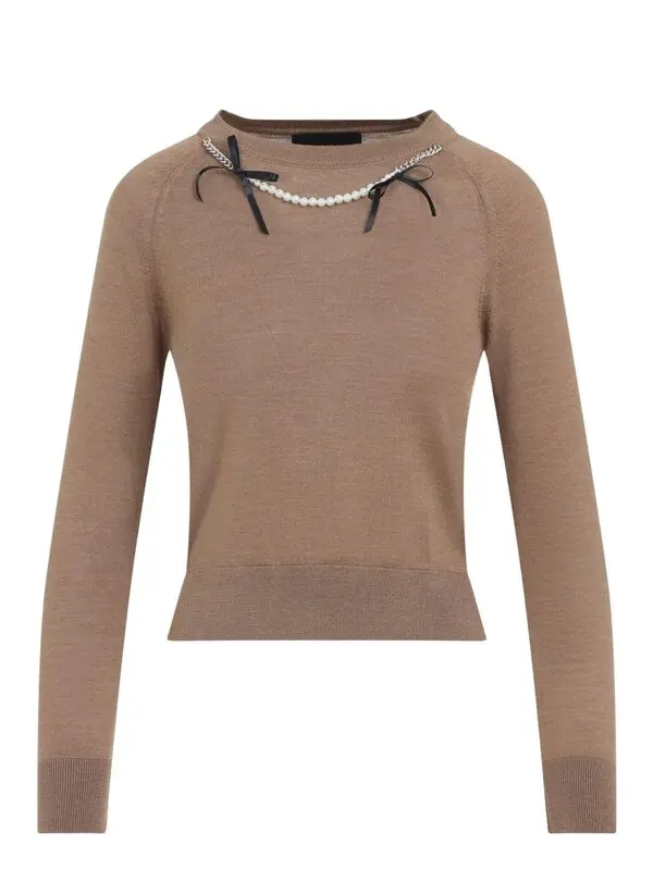 Simone Rocha Merino Wool & Silk Pullover With Pearl & Bow Embellishment - Brown