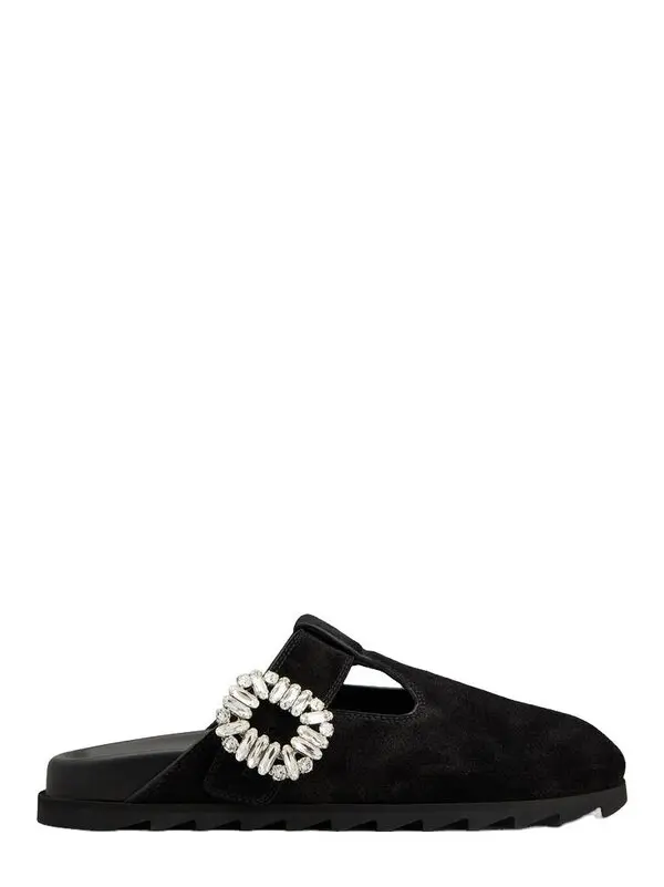 ROGER VIVIER Suede Mules With Crystal Buckle - Black