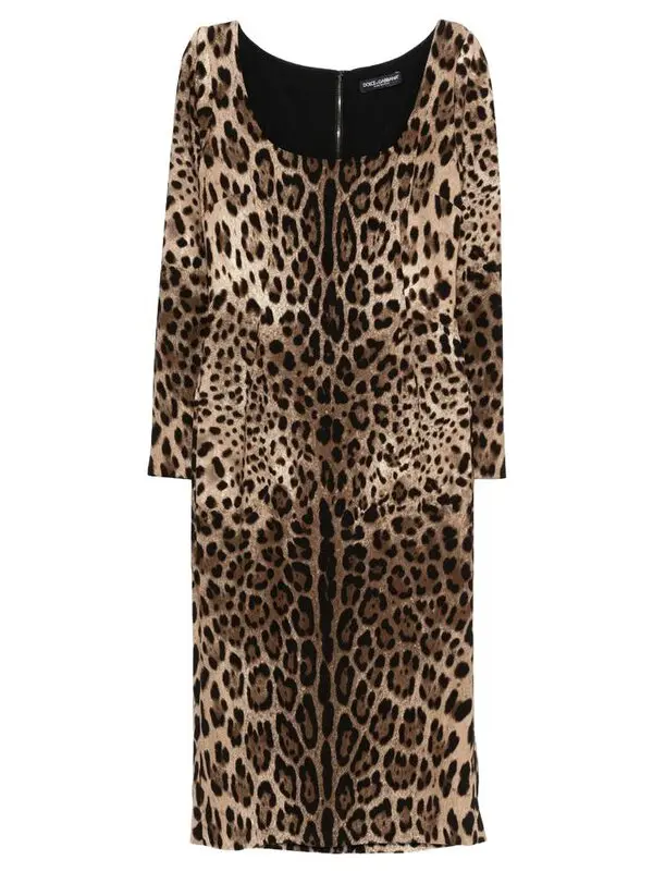 Dolce & Gabbana Leopard Print Long Sleeve Dress - Brown