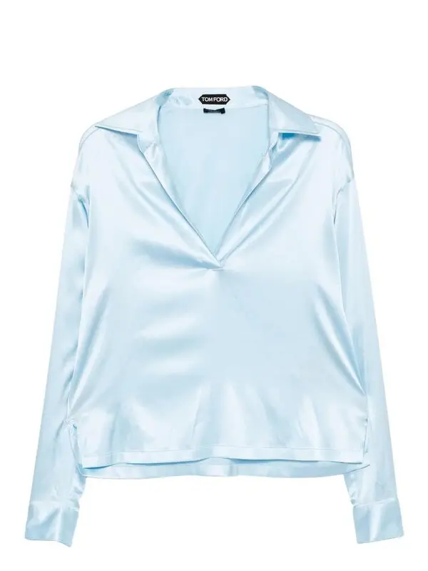 TOM FORD Silk Long Sleeve Split Neck Top - Blue