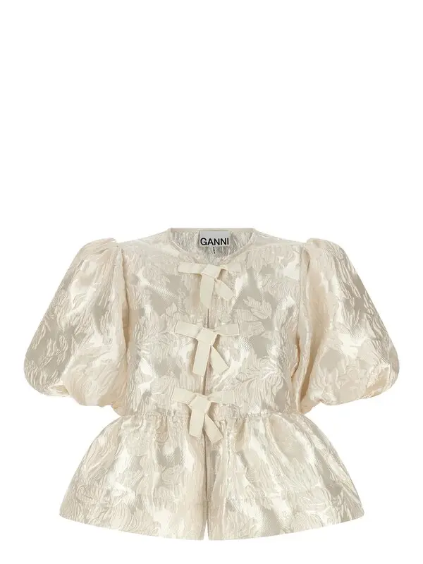 GANNI Satin Peplum Blouse With Bow Detail - White