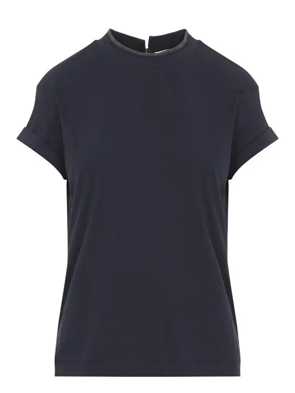 Brunello Cucinelli Cotton T-shirt With Pearl Embellishment - Blue