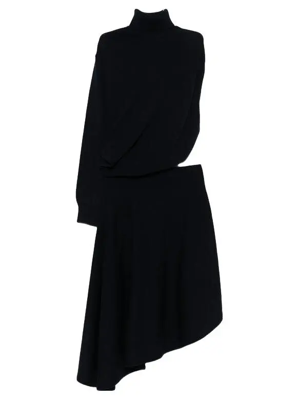 Alaïa Virgin Wool Turtleneck Dress With Asymmetrical Hem - Blue