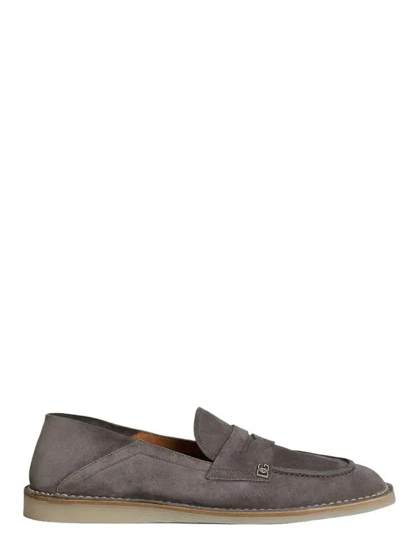 Dolce & Gabbana Grey Suede Loafers With Logo Plaque - Gray