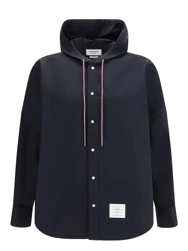 Thom Browne Nylon Cotton Hooded Shirt Jacket With Drawstring And Logo Patch - Black