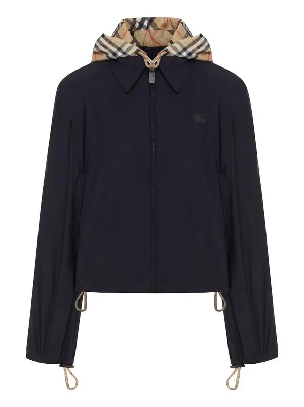 Burberry Cropped Technical Jacket With Hood And Check Detail - Black