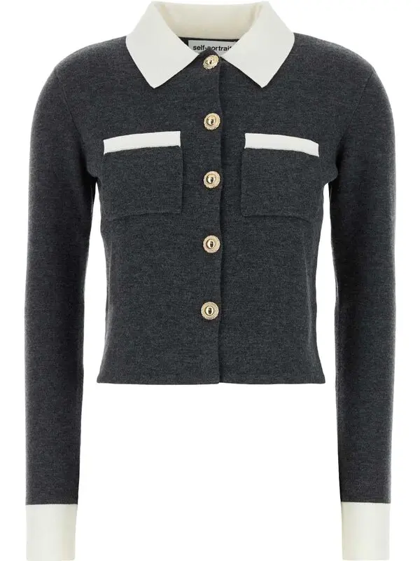 SELF-PORTRAIT Dark Grey Stretch Wool Blend Cardigan - Gray