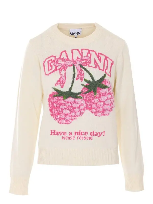 GANNI Logo Raspberry Print Wool Blend Sweater - White