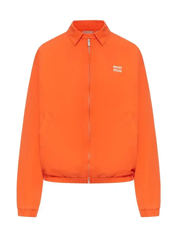 Miu Miu Cotton Poplin Bomber Jacket With Logo - Orange