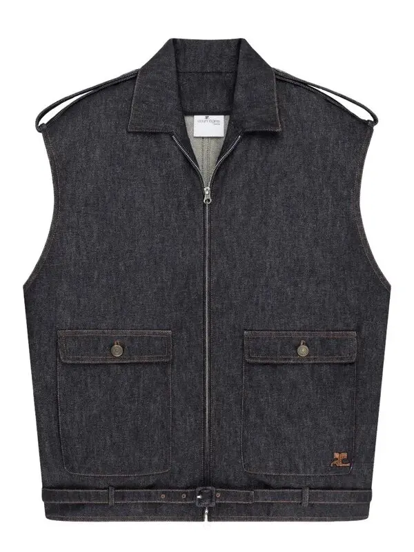 COURREGES Sleeveless Denim Bomber Jacket With Belted Waist - Gray