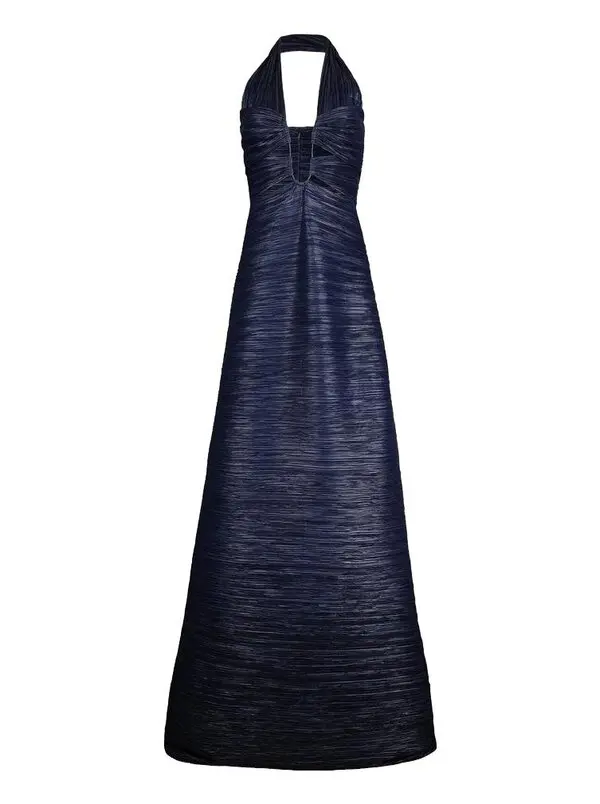 Cult Gaia Halterneck Textured Finish Cut-out Detail Sleeveless Open Back Gown - Blue