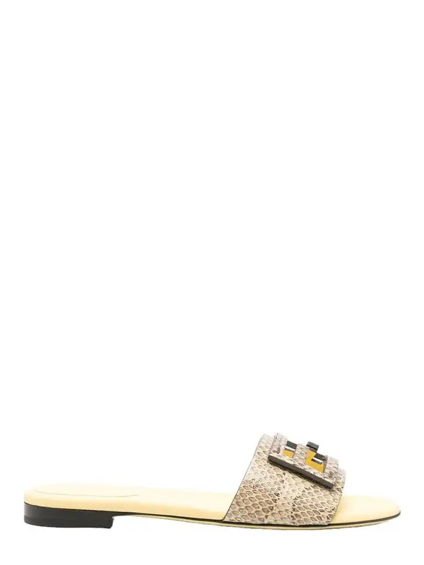 Fendi Snakeskin Open Toe Flat Slides - Yellow